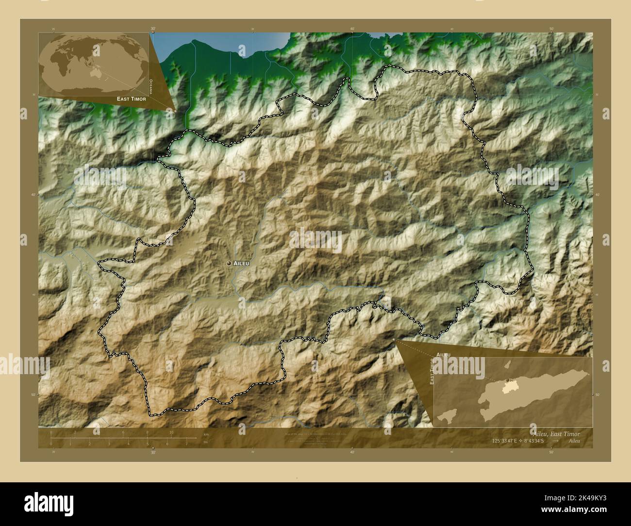 Aileu, municipality of East Timor. Colored elevation map with lakes and ...
