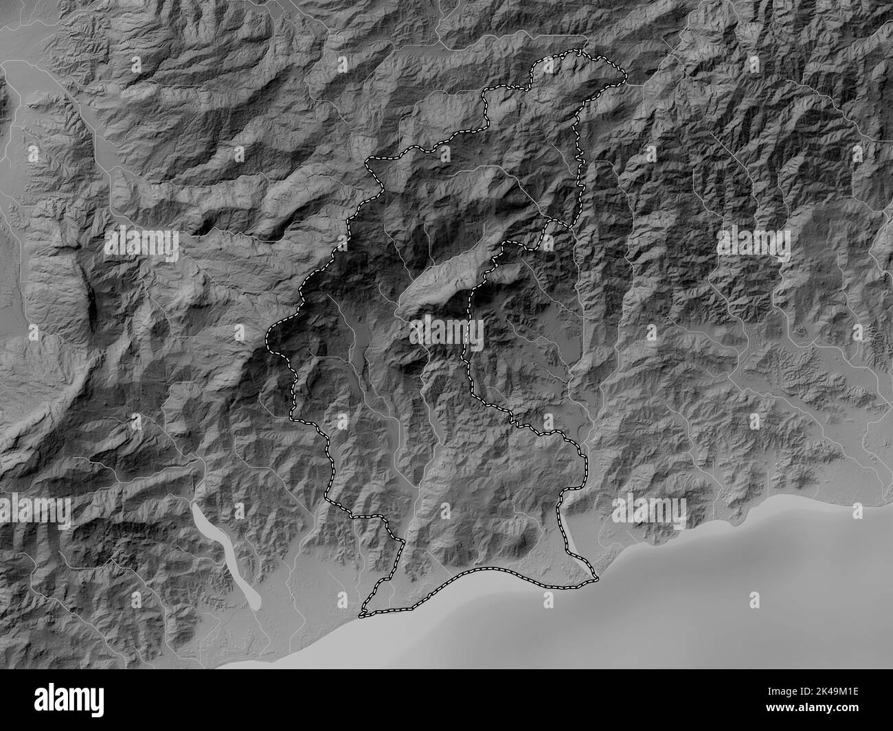Ainaro, municipality of East Timor. Grayscale elevation map with lakes ...