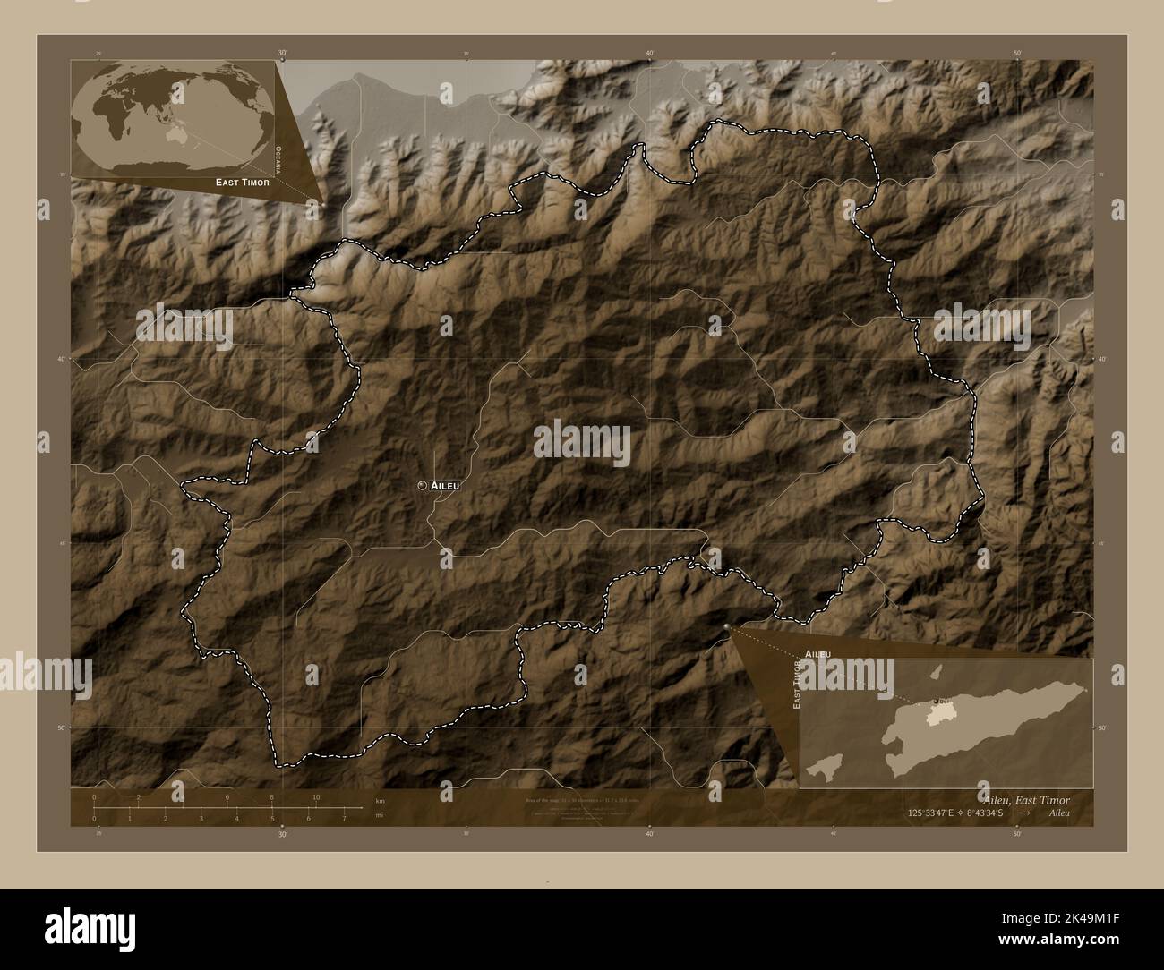 Aileu, municipality of East Timor. Elevation map colored in sepia tones ...