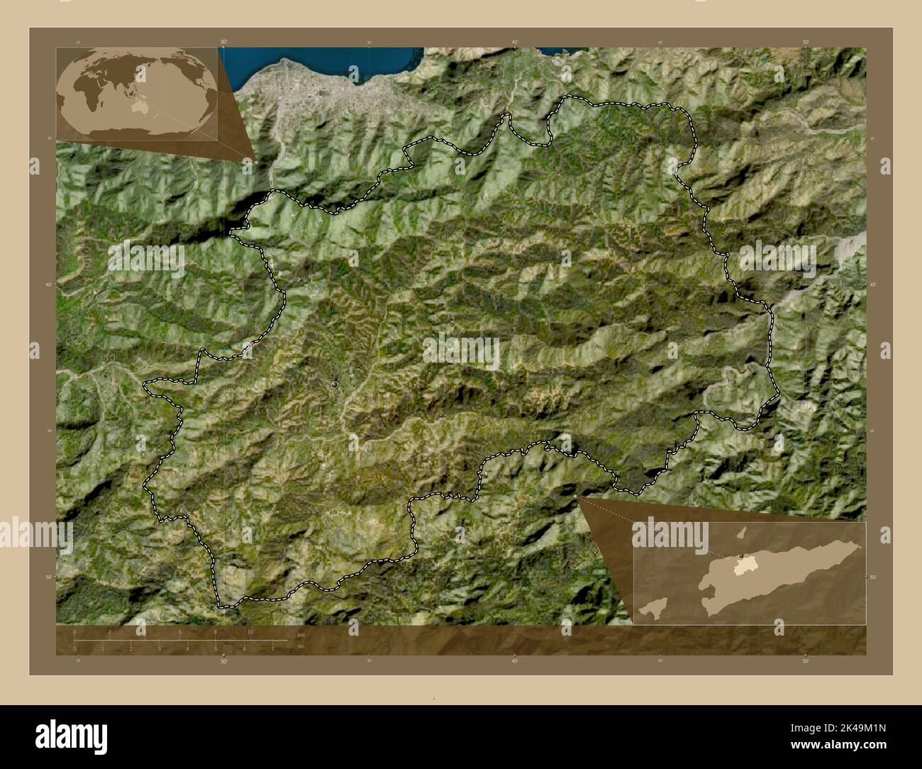 Aileu, municipality of East Timor. Low resolution satellite map. Corner ...