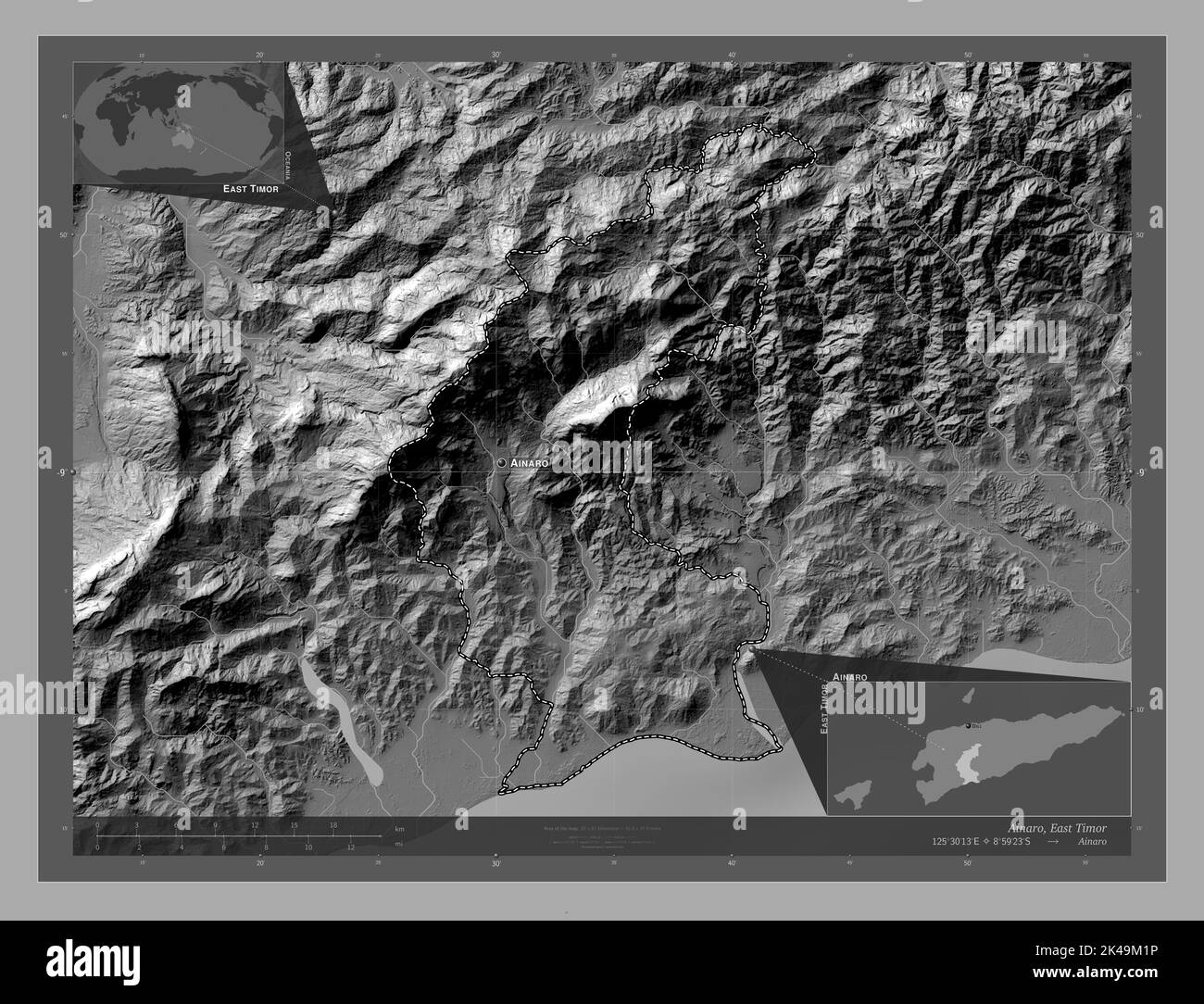 Ainaro, municipality of East Timor. Bilevel elevation map with lakes ...