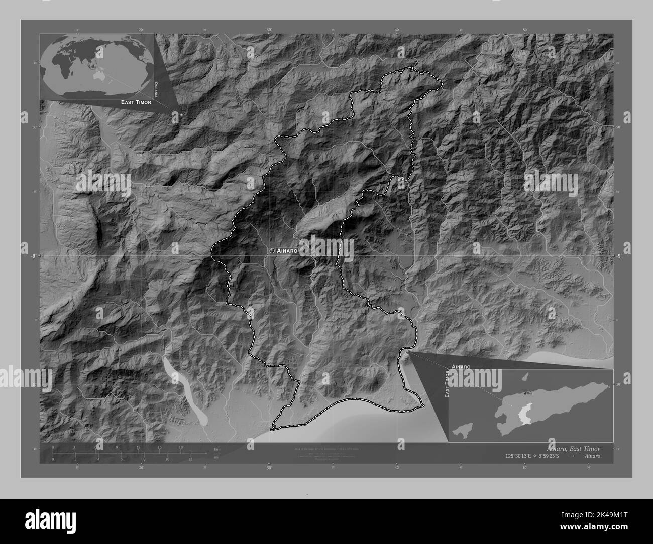 Ainaro, municipality of East Timor. Grayscale elevation map with lakes ...