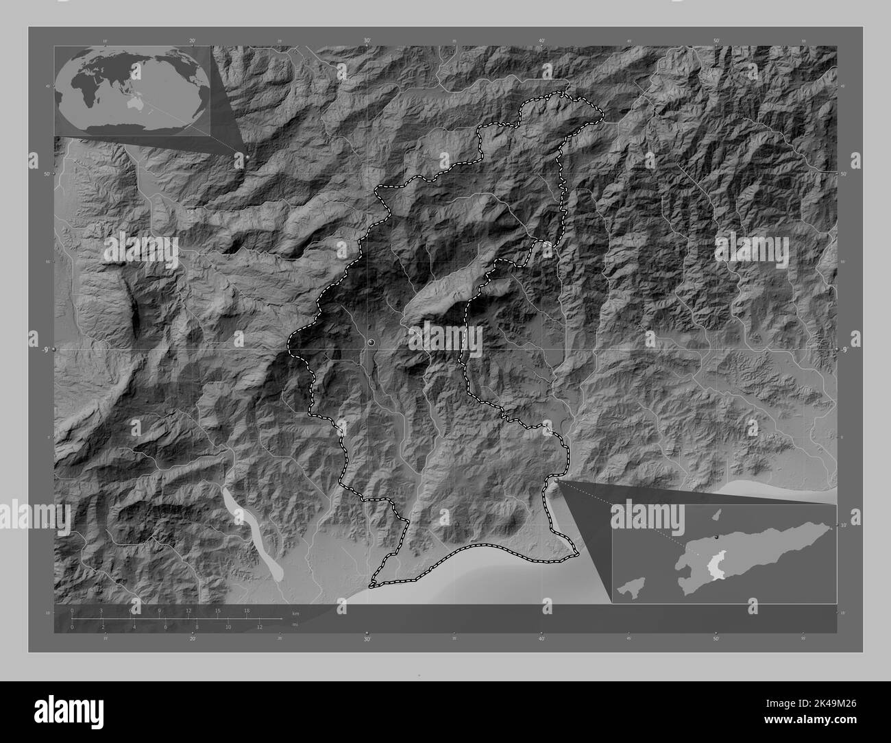 Ainaro, municipality of East Timor. Grayscale elevation map with lakes and rivers. Corner ...