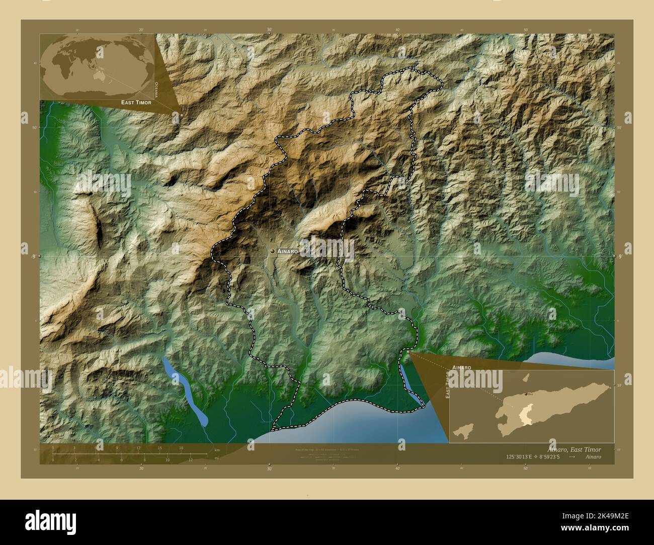 Ainaro, municipality of East Timor. Colored elevation map with lakes and rivers. Locations and ...