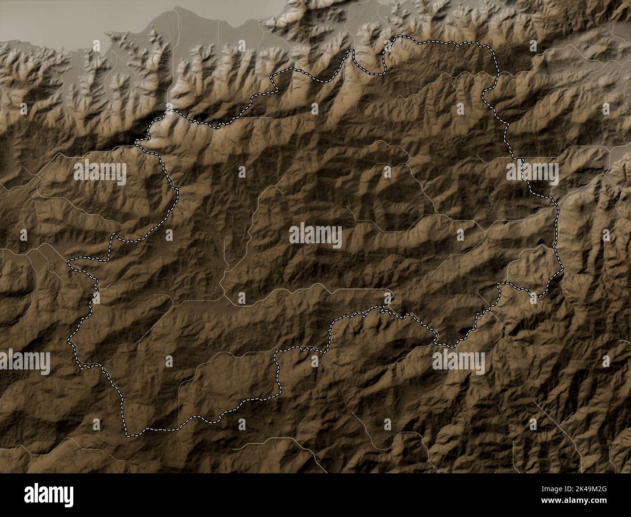 Aileu, municipality of East Timor. Elevation map colored in sepia tones ...