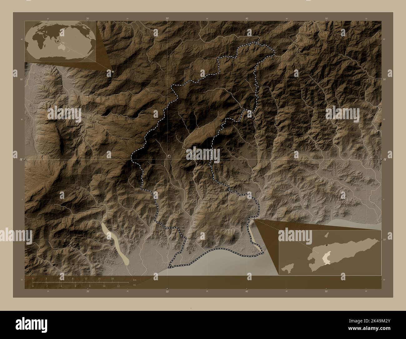 Ainaro, municipality of East Timor. Elevation map colored in sepia ...