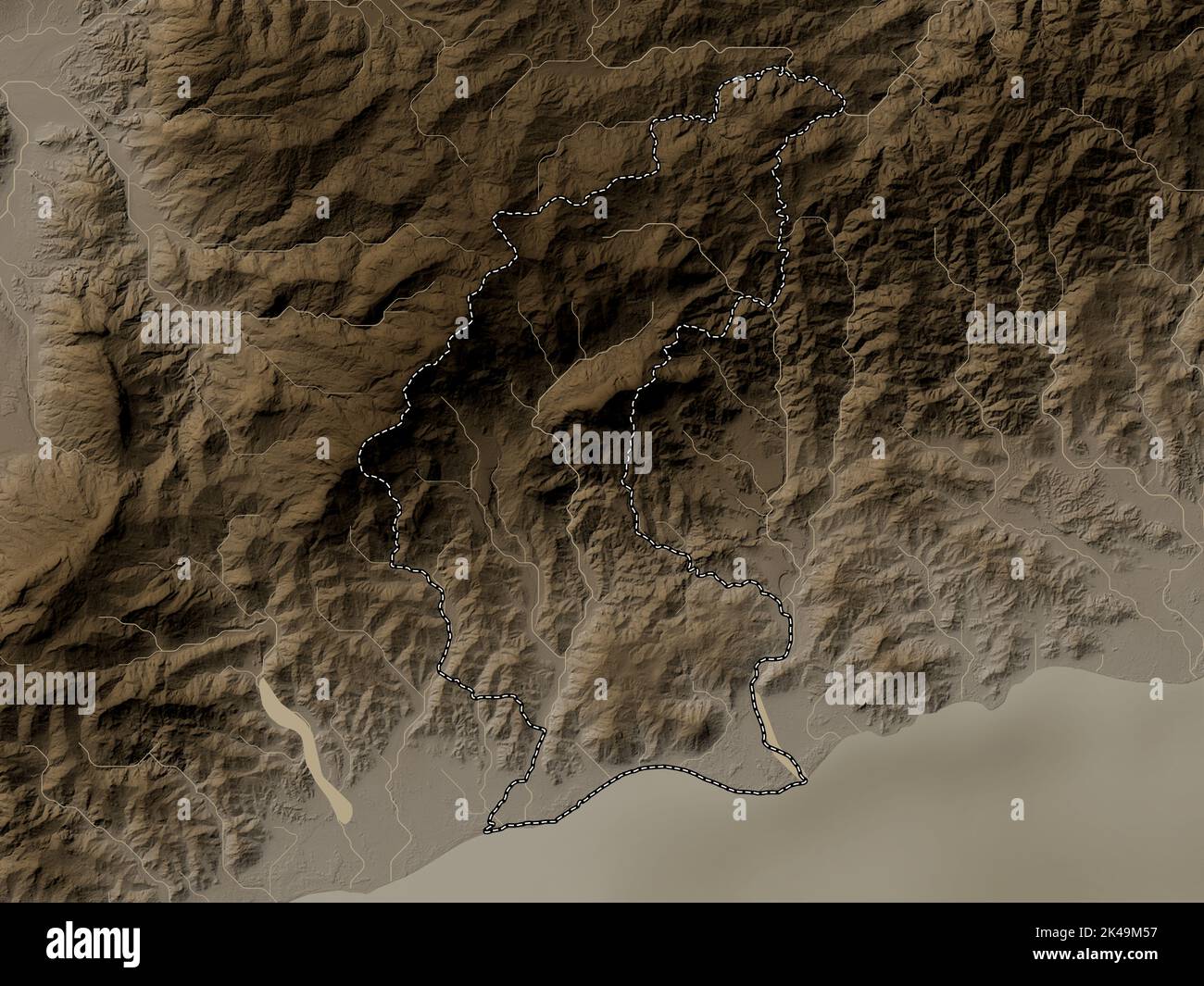 Ainaro, municipality of East Timor. Elevation map colored in sepia ...