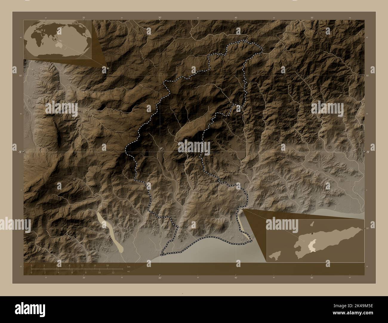 Ainaro, municipality of East Timor. Elevation map colored in sepia ...