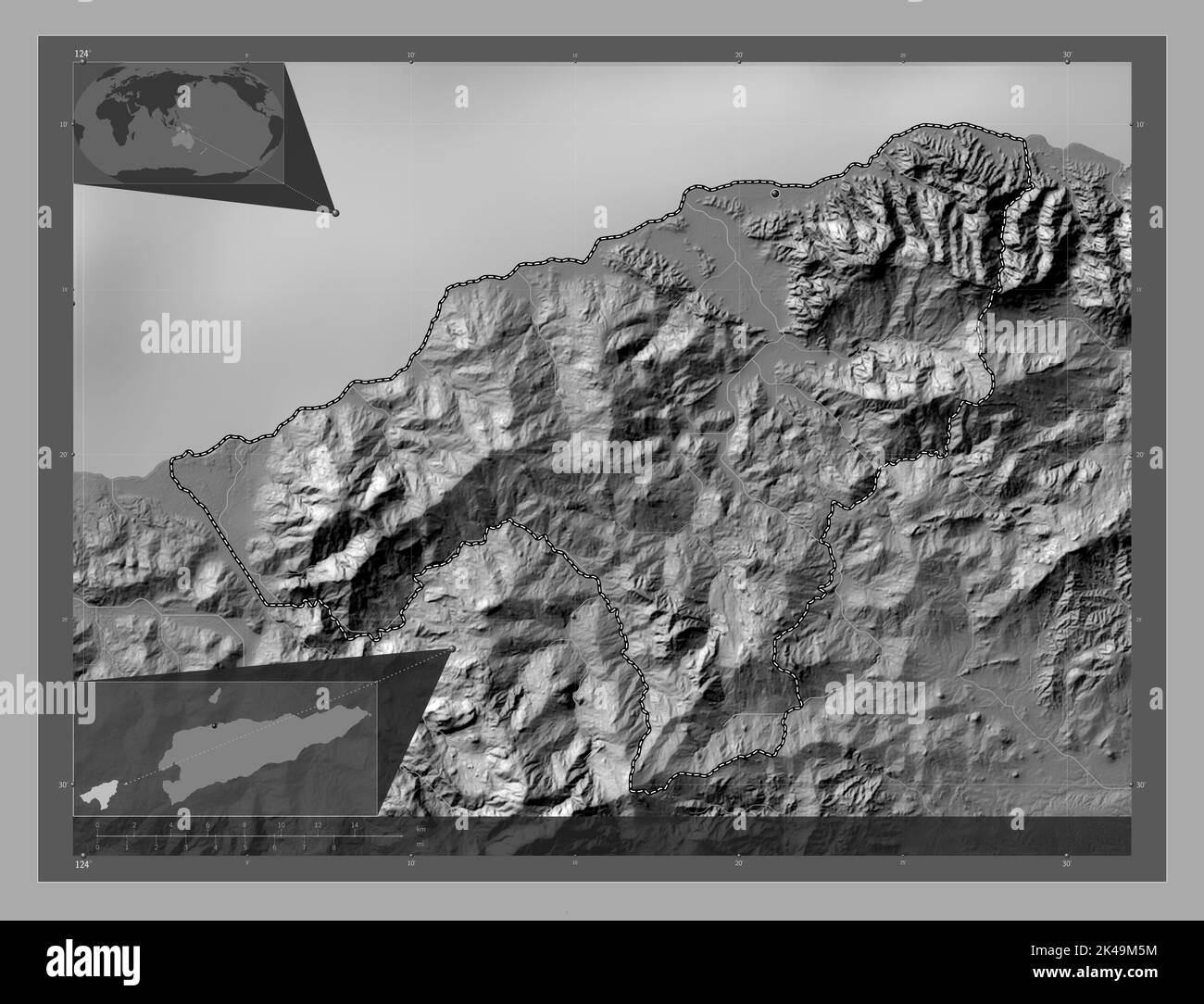Oecusse, municipality of East Timor. Bilevel elevation map with lakes ...