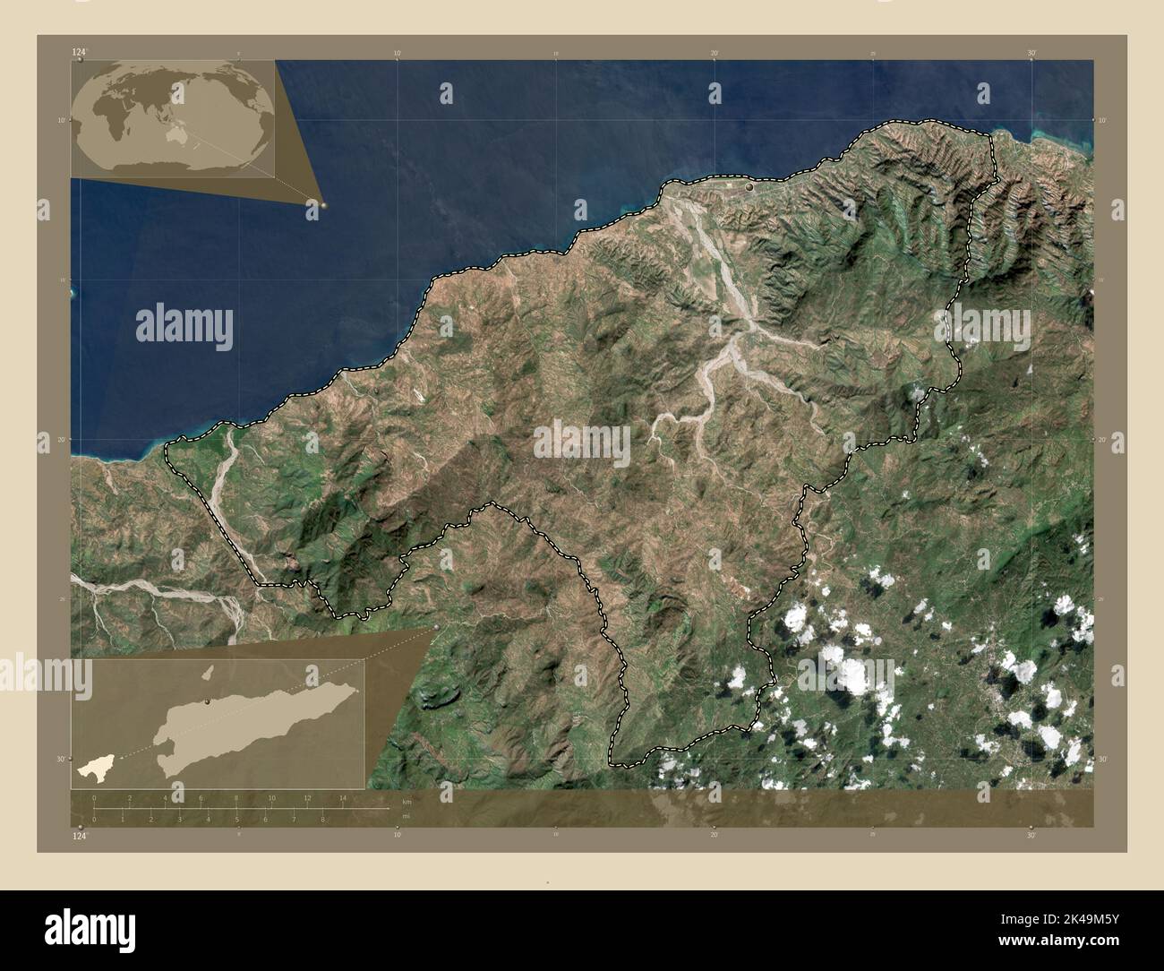 Oecusse, municipality of East Timor. High resolution satellite map ...