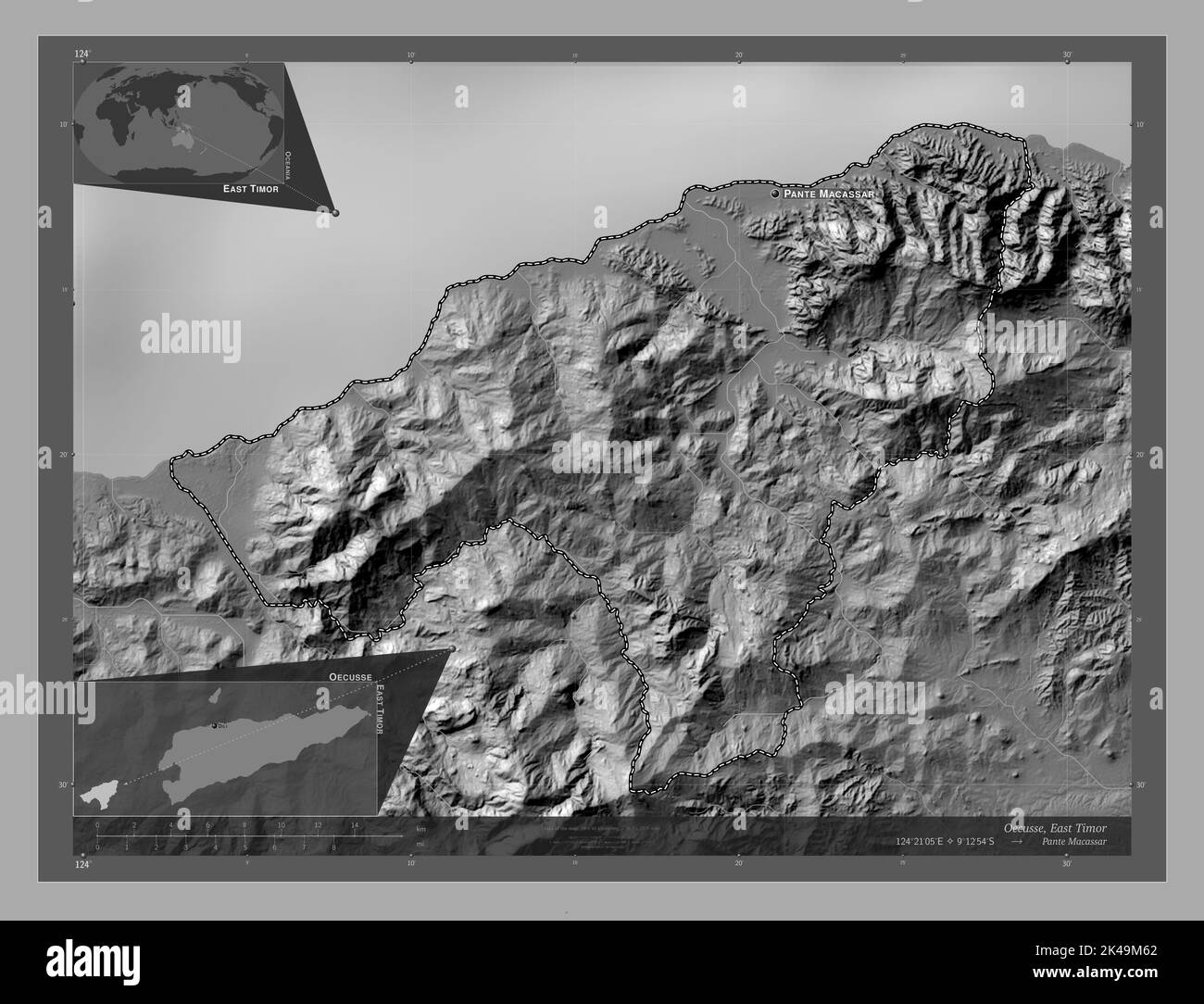 Oecusse, municipality of East Timor. Bilevel elevation map with lakes ...
