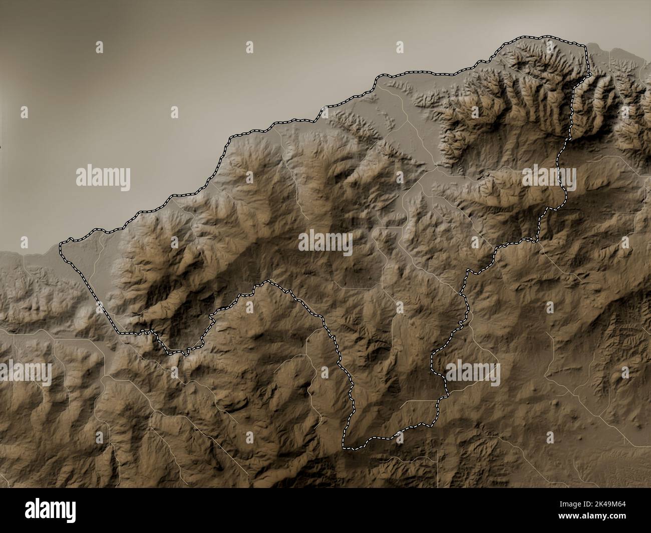 Oecusse, municipality of East Timor. Elevation map colored in sepia ...