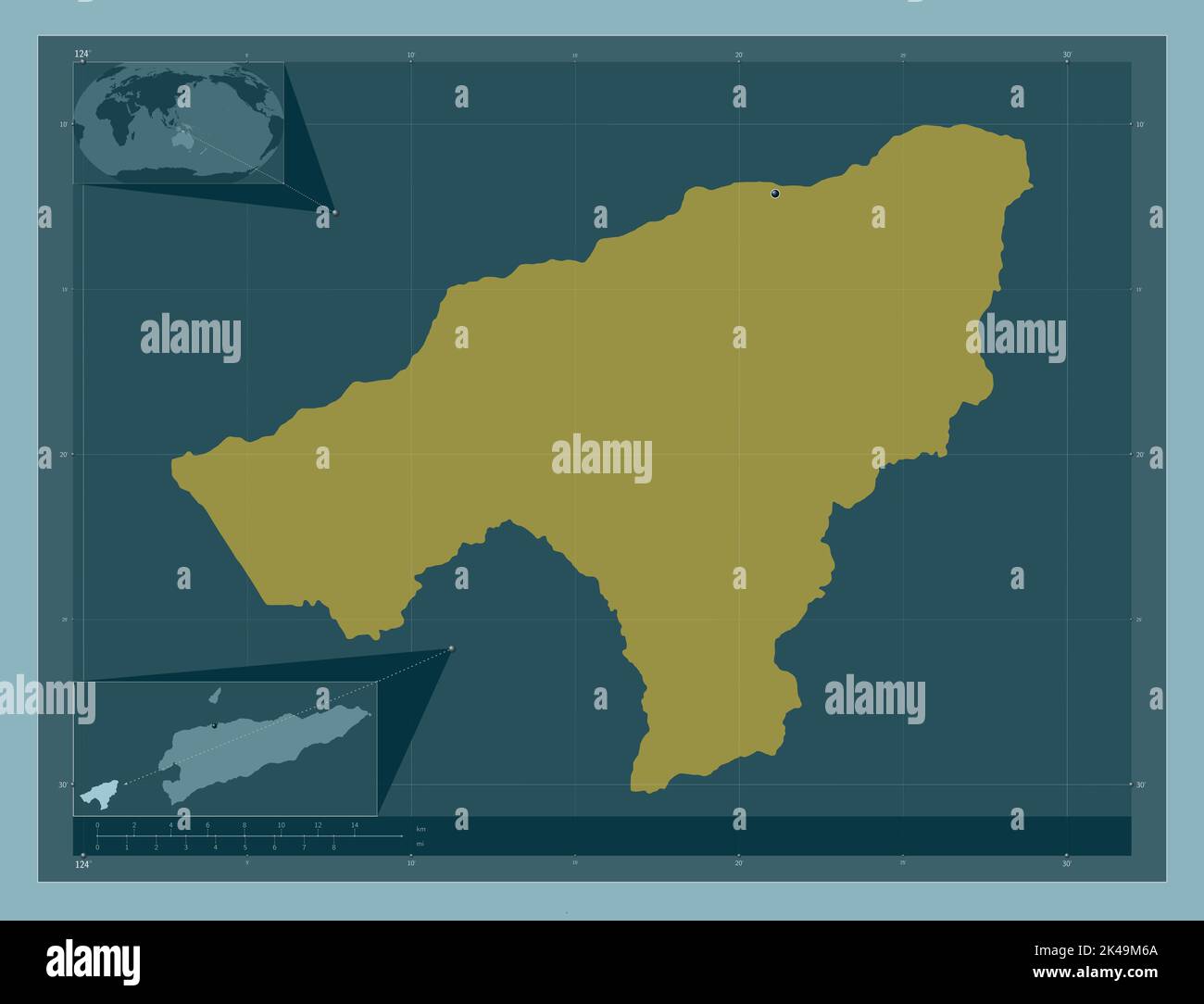 Oecusse, municipality of East Timor. Solid color shape. Locations of ...