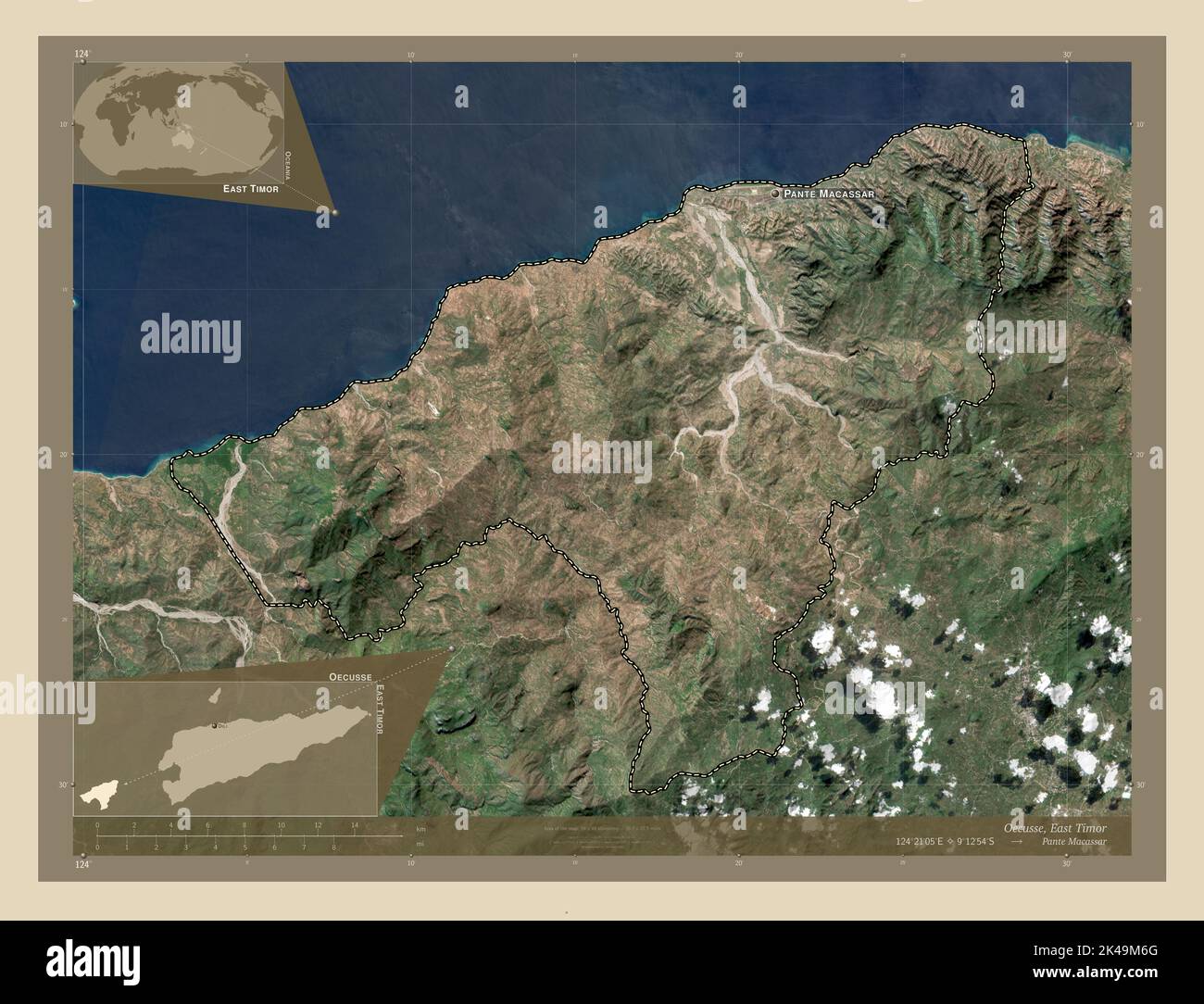Oecusse, municipality of East Timor. High resolution satellite map. Locations and names of major ...