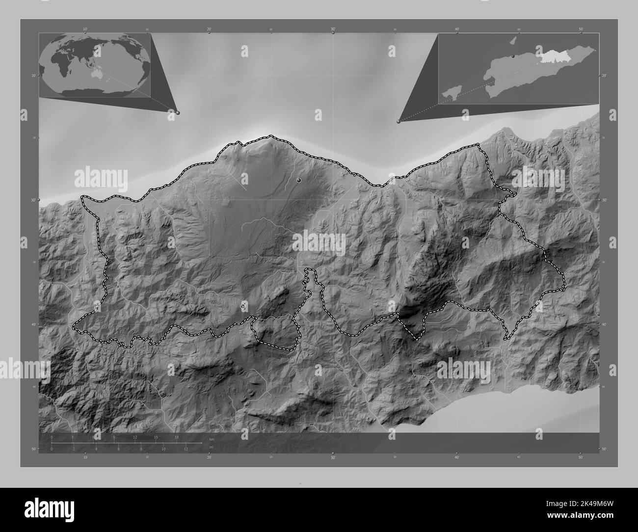 Baucau, municipality of East Timor. Grayscale elevation map with lakes ...