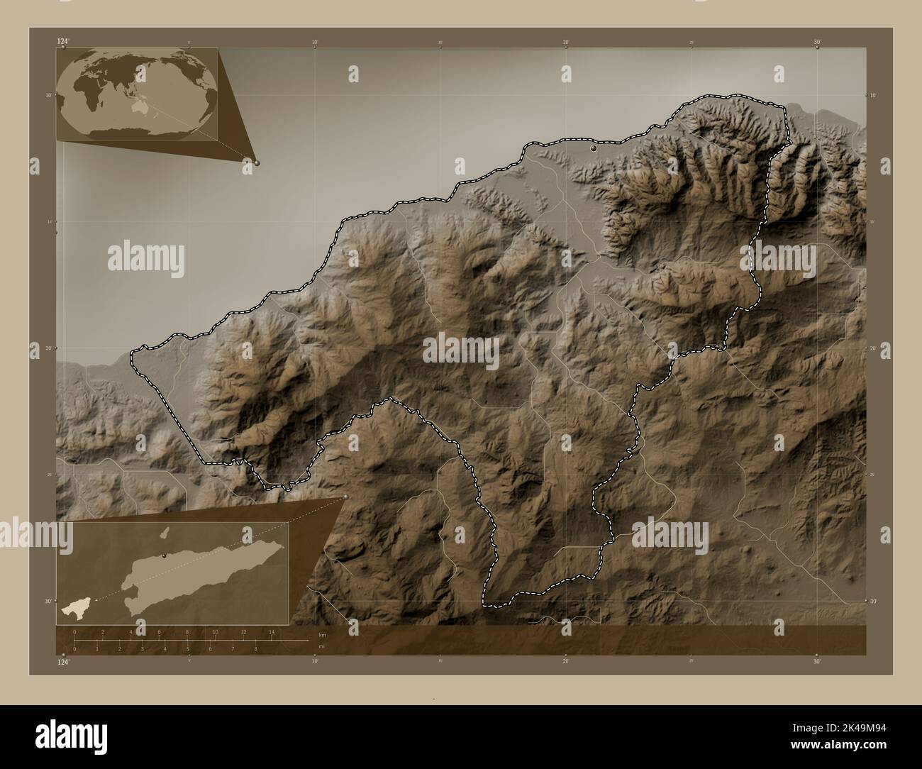 Oecusse, municipality of East Timor. Elevation map colored in sepia ...