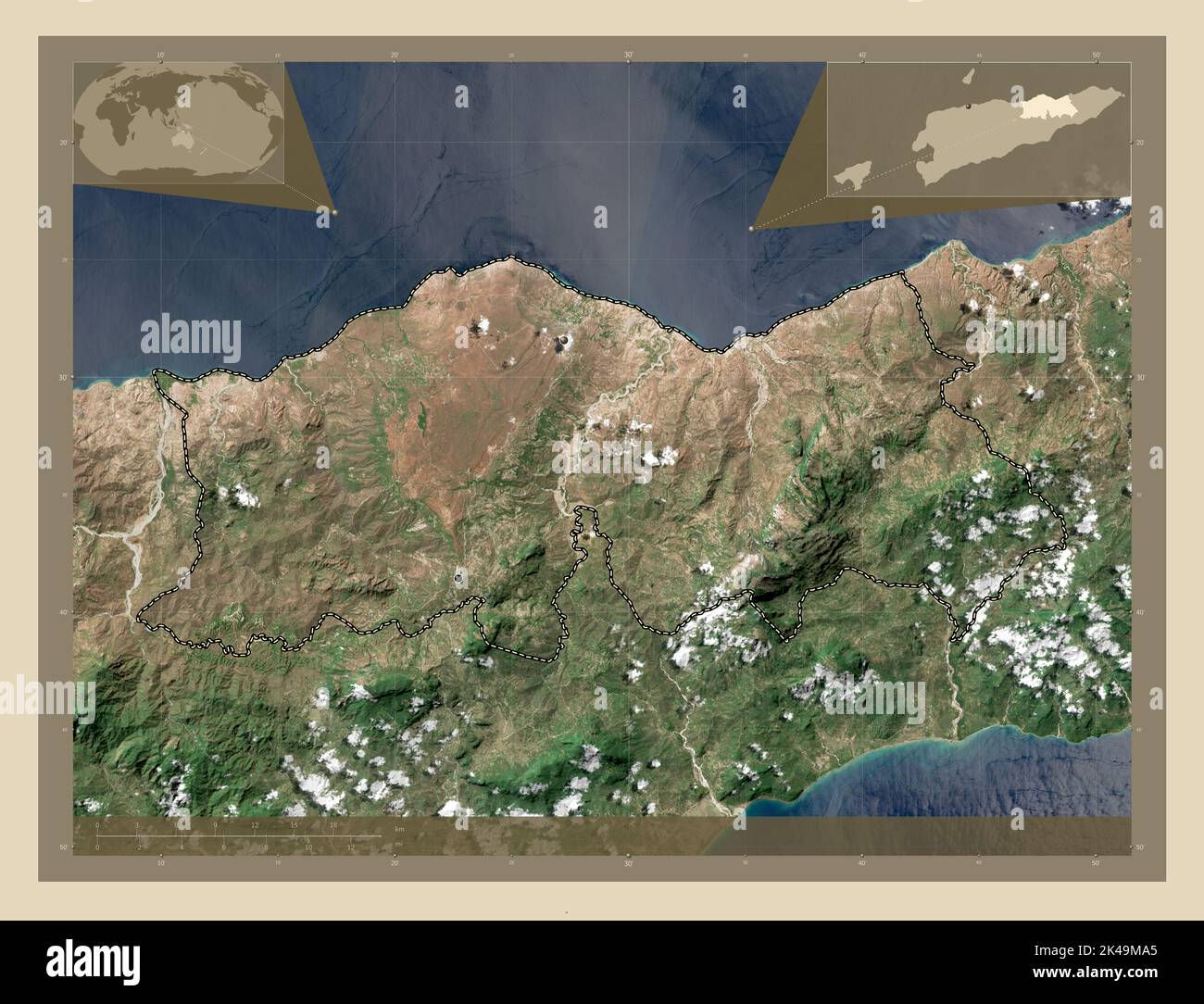 Baucau, municipality of East Timor. High resolution satellite map ...