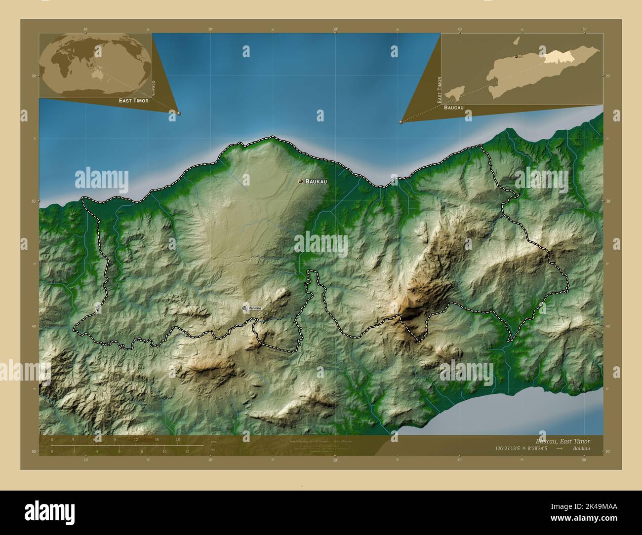 Baucau, municipality of East Timor. Colored elevation map with lakes ...