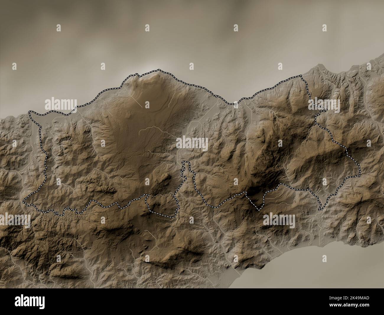 Baucau, municipality of East Timor. Elevation map colored in sepia ...