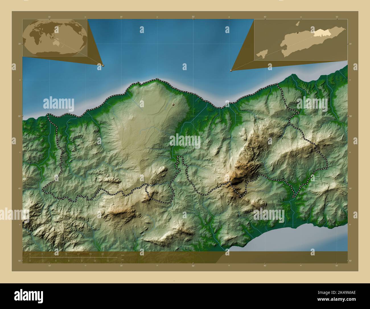 Baucau, municipality of East Timor. Colored elevation map with lakes and rivers. Corner ...