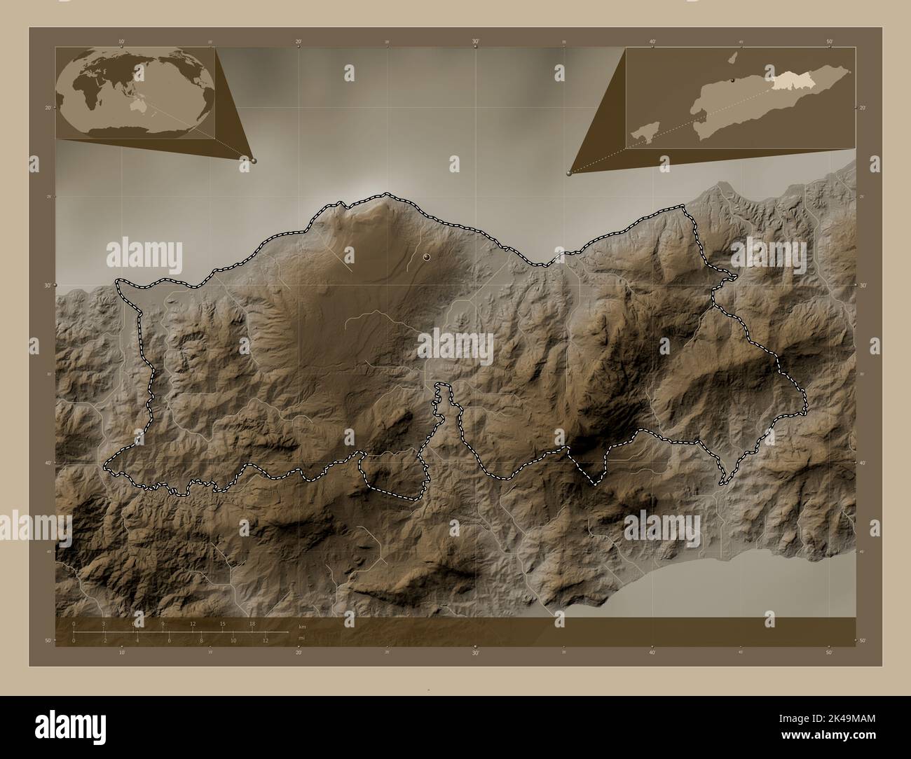 Baucau, municipality of East Timor. Elevation map colored in sepia ...