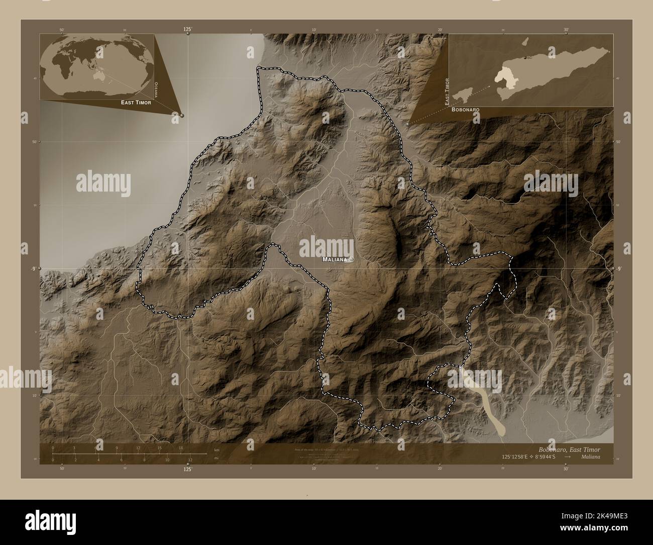 Bobonaro, municipality of East Timor. Elevation map colored in sepia ...