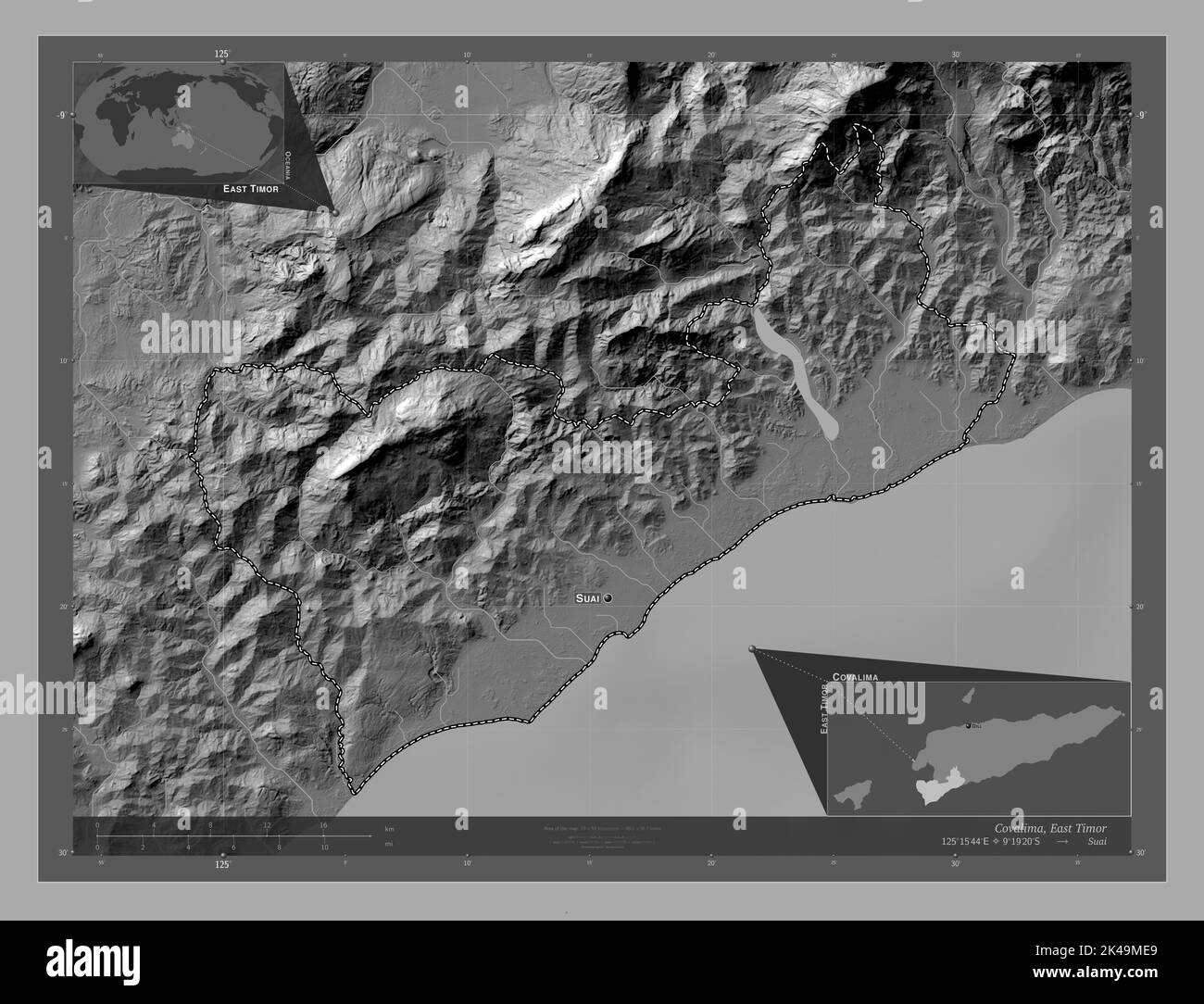 Covalima, municipality of East Timor. Bilevel elevation map with lakes ...