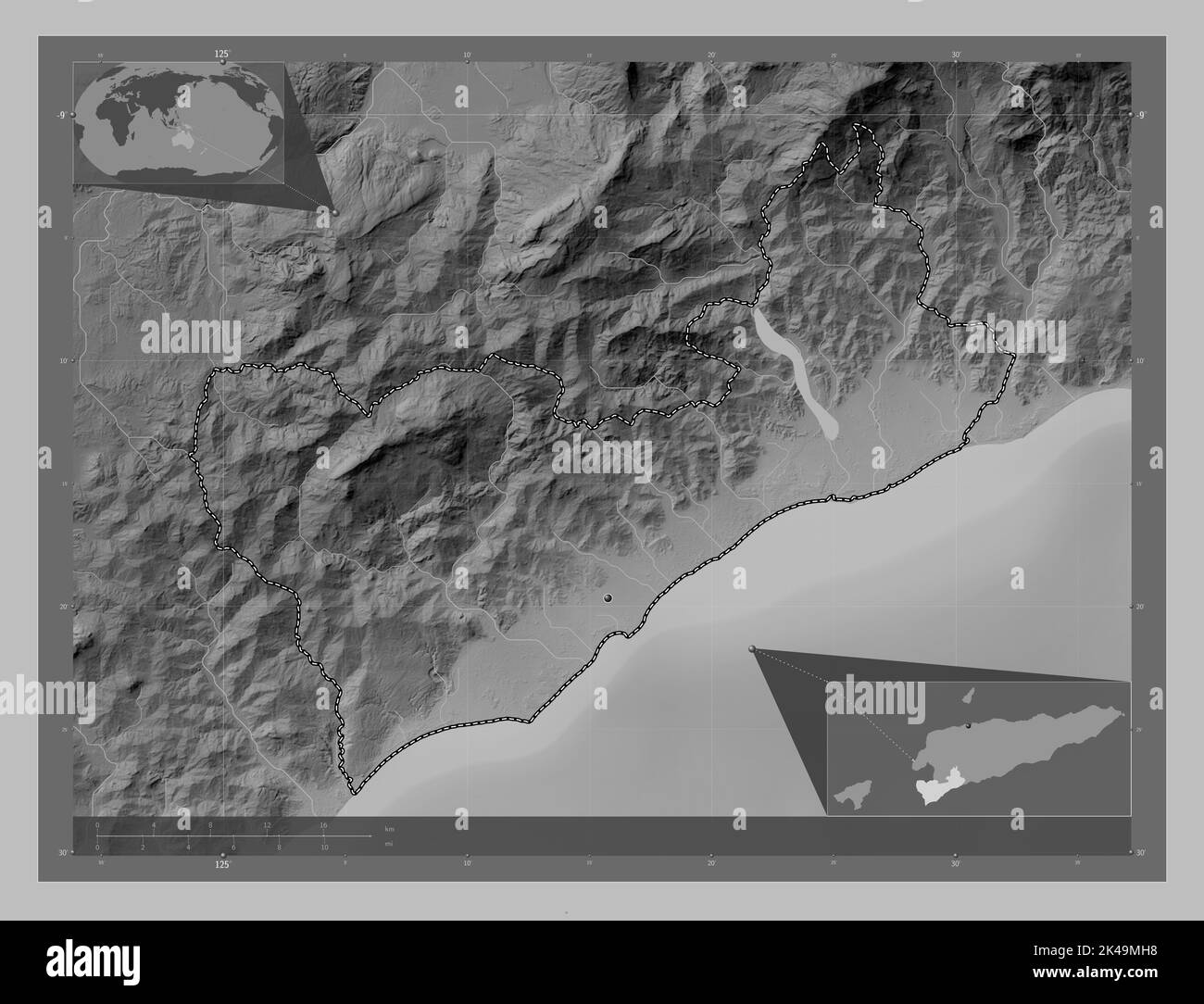 Covalima, municipality of East Timor. Grayscale elevation map with ...