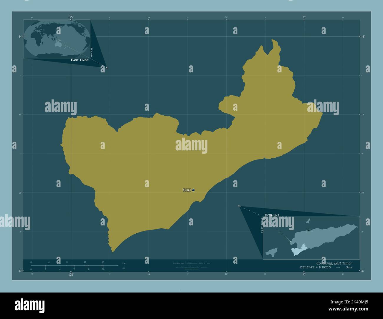 Covalima, municipality of East Timor. Solid color shape. Locations and ...