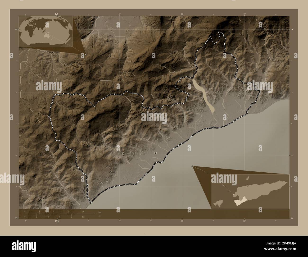 Covalima, municipality of East Timor. Elevation map colored in sepia ...