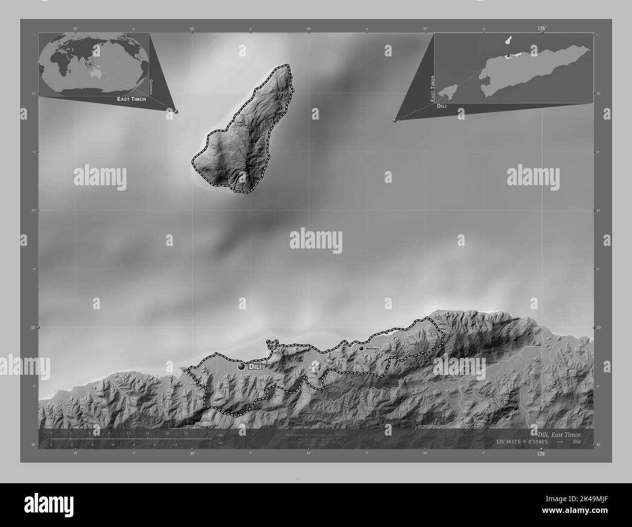 Dili, municipality of East Timor. Grayscale elevation map with lakes ...