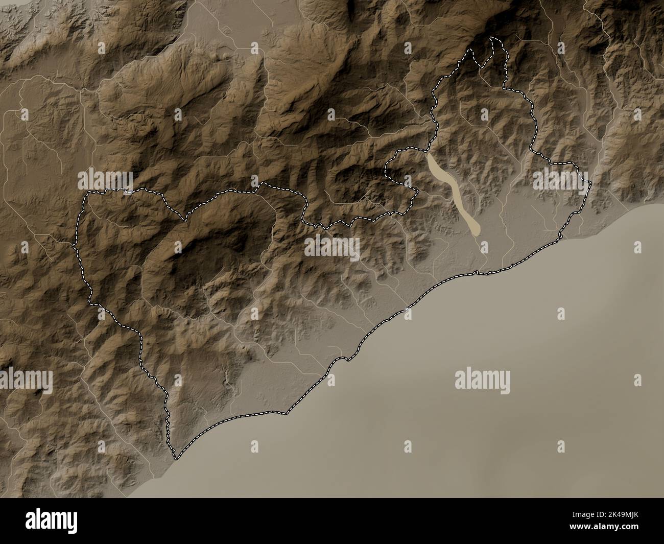 Covalima, municipality of East Timor. Elevation map colored in sepia ...