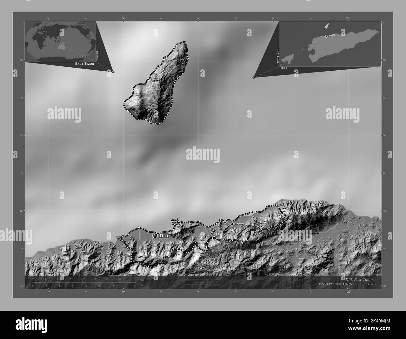 Dili, municipality of East Timor. Bilevel elevation map with lakes and ...