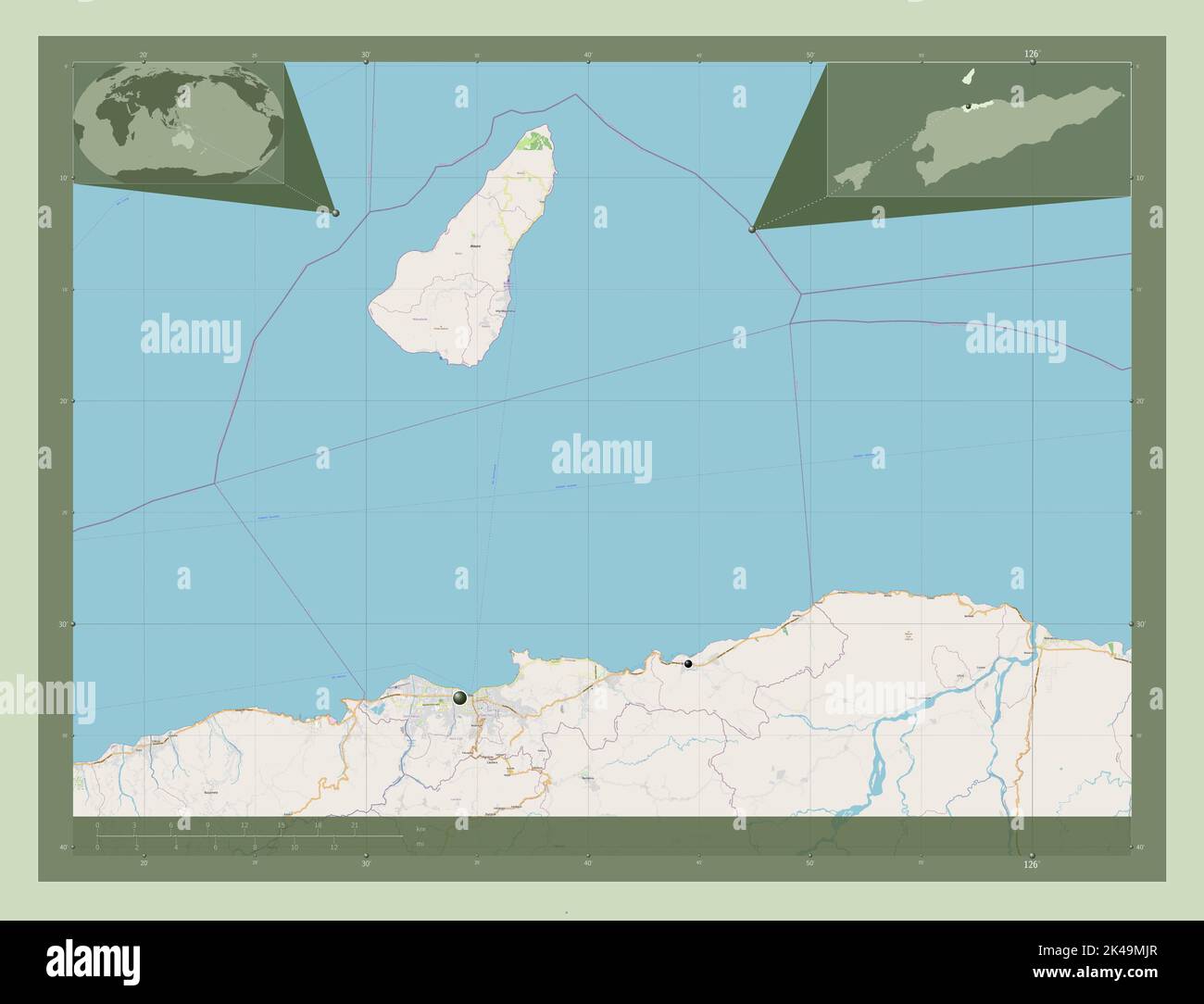 Dili, municipality of East Timor. Open Street Map. Locations of major ...