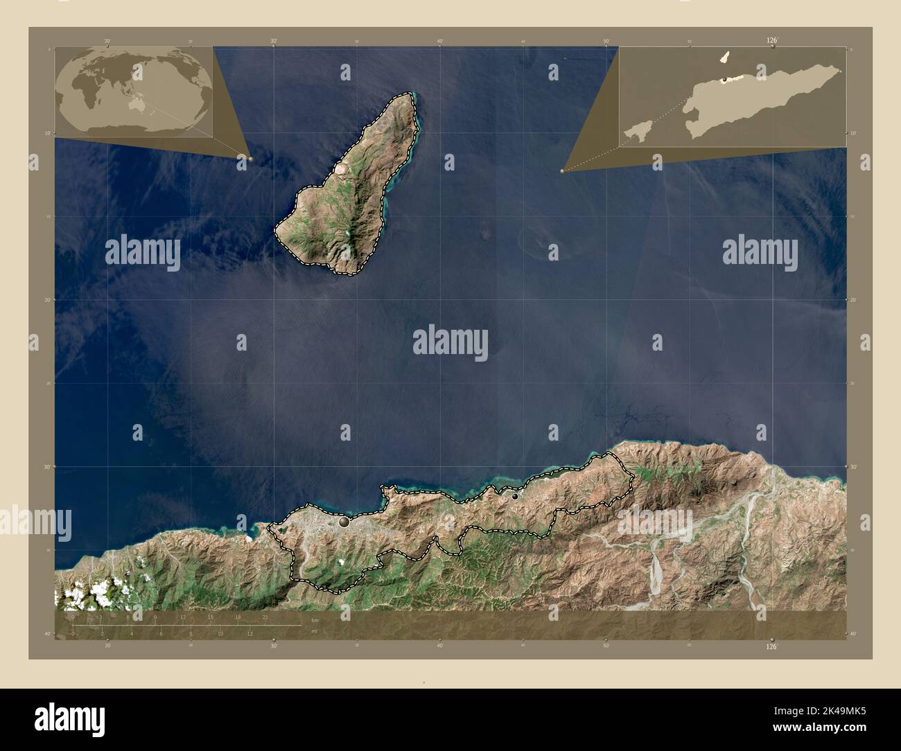 Dili, municipality of East Timor. High resolution satellite map. Locations of major cities of ...