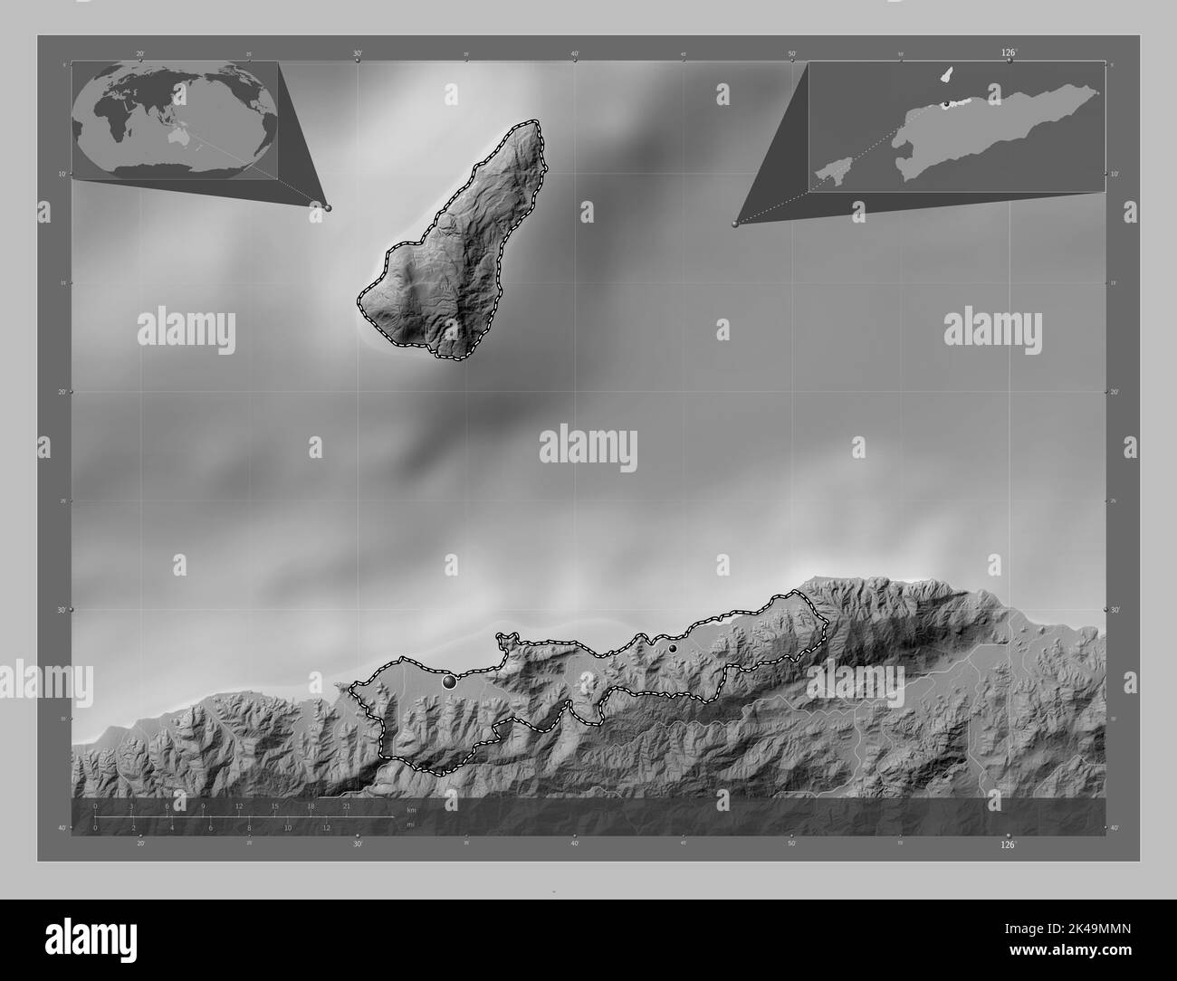 Dili, municipality of East Timor. Grayscale elevation map with lakes ...
