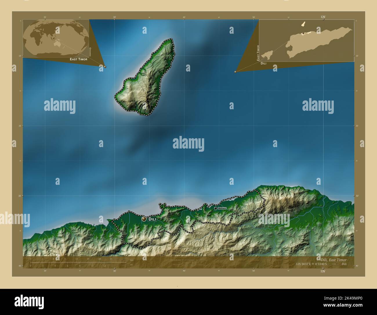 Dili, municipality of East Timor. Colored elevation map with lakes and ...
