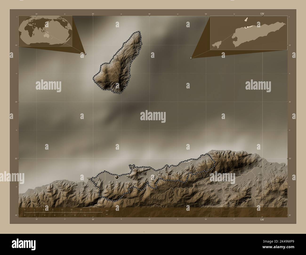 Dili, municipality of East Timor. Elevation map colored in sepia tones ...