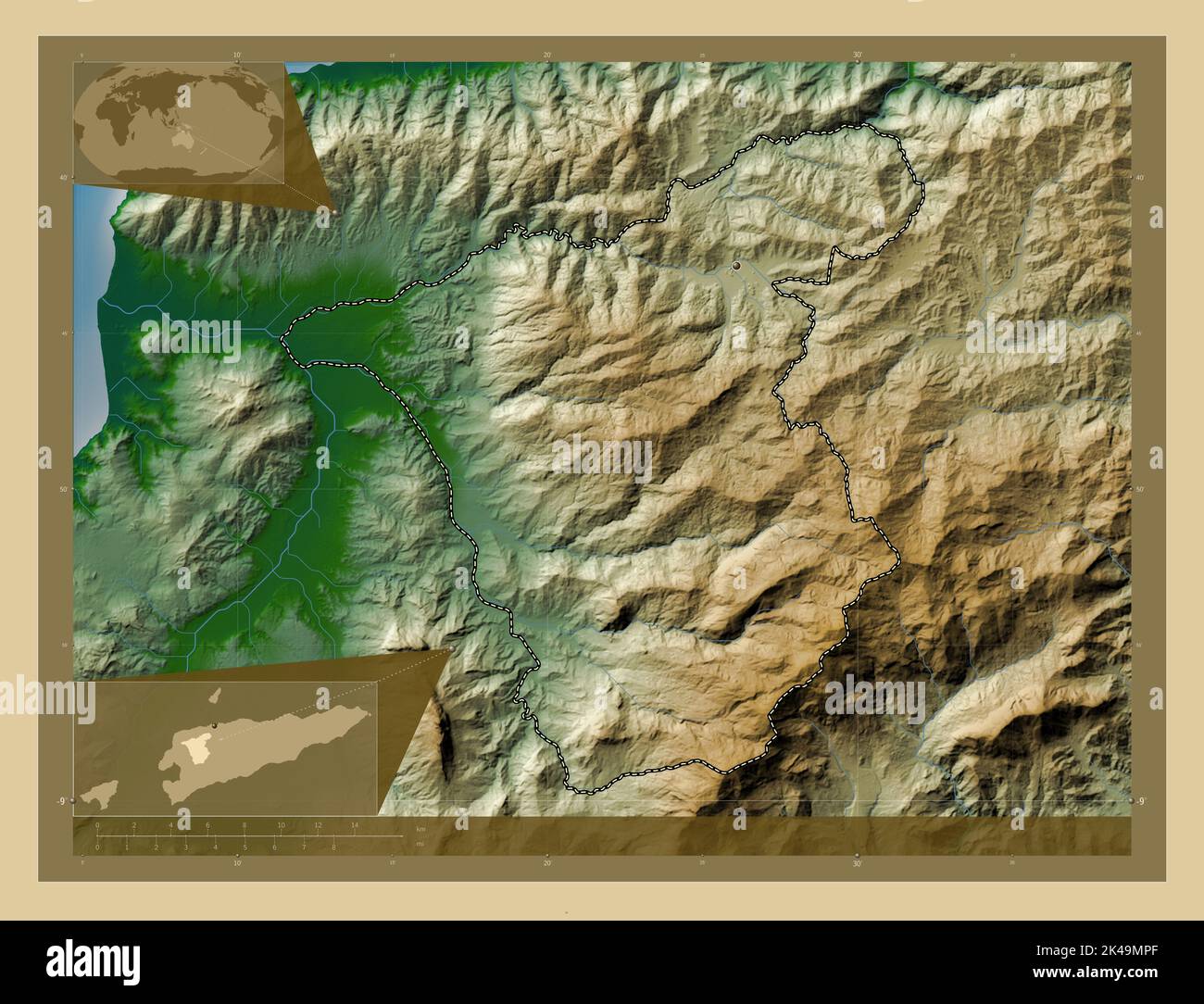 Ermera, municipality of East Timor. Colored elevation map with lakes ...
