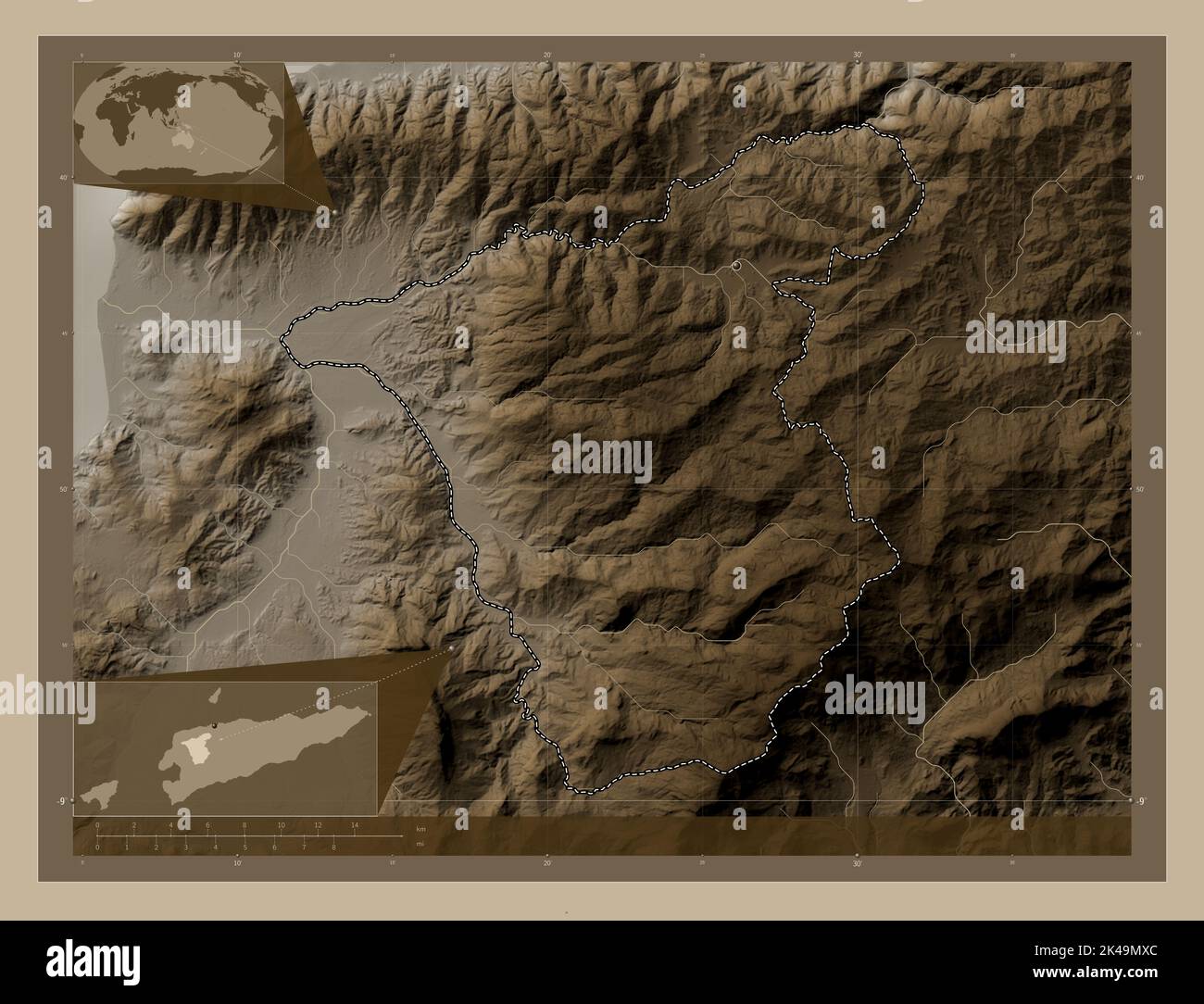 Ermera, municipality of East Timor. Elevation map colored in sepia ...