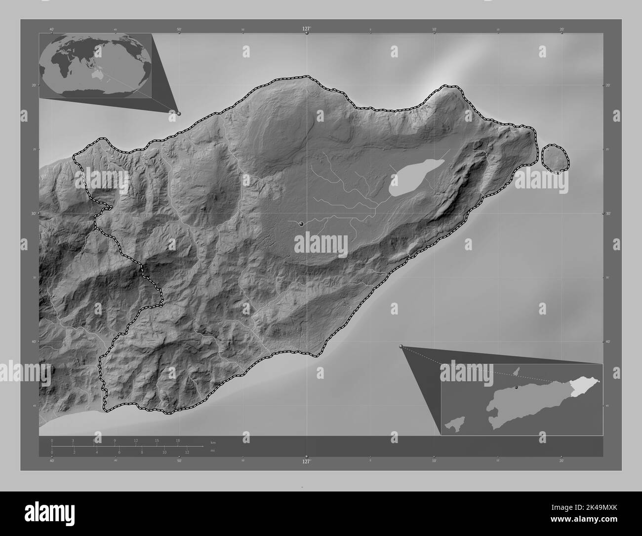 Lautem, municipality of East Timor. Grayscale elevation map with lakes ...
