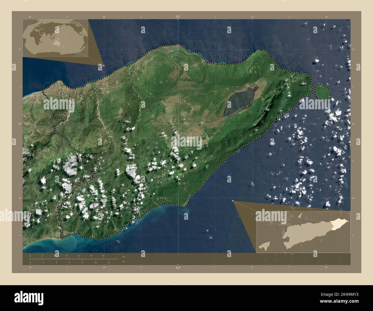 Lautem, municipality of East Timor. High resolution satellite map. Locations of major cities of ...