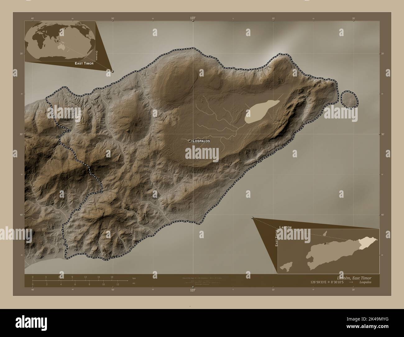 Lautem, municipality of East Timor. Elevation map colored in sepia ...
