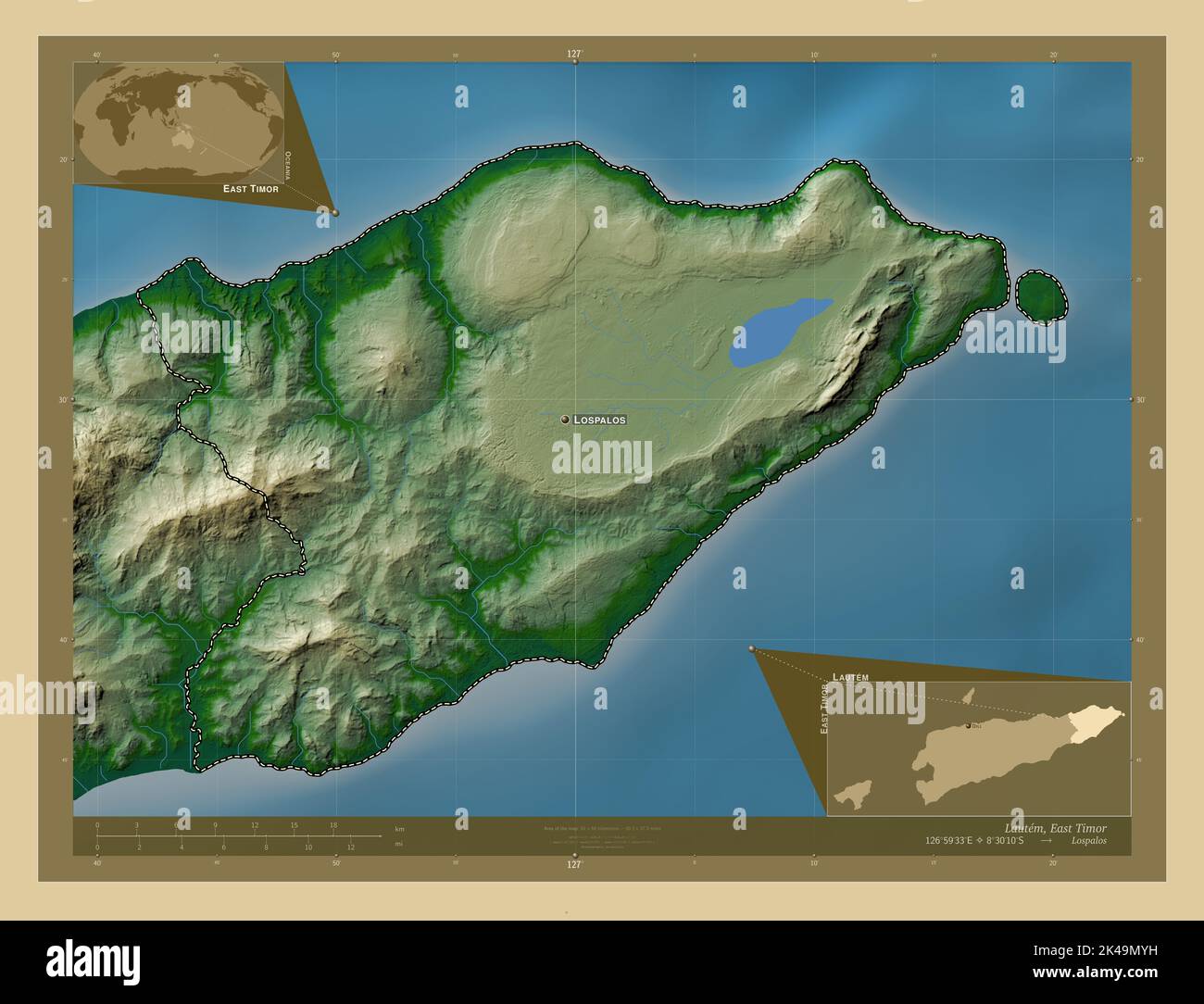 Lautem, municipality of East Timor. Colored elevation map with lakes ...