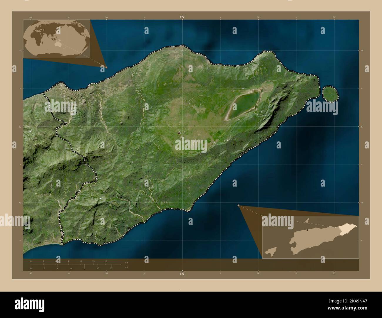 Lautem, municipality of East Timor. Low resolution satellite map. Locations of major cities of ...