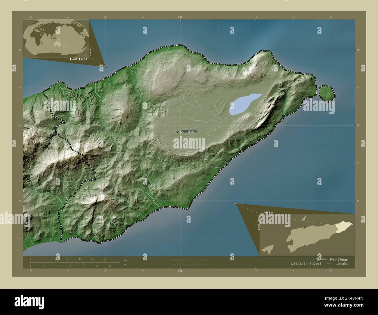 Lautem, municipality of East Timor. Elevation map colored in wiki style with lakes and rivers ...