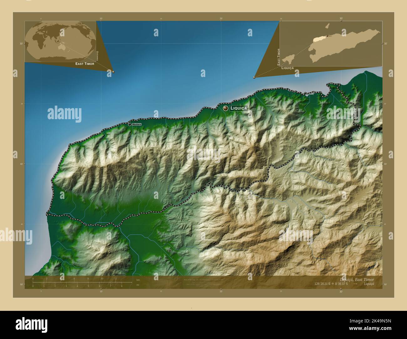Liquica, municipality of East Timor. Colored elevation map with lakes and rivers. Locations and ...