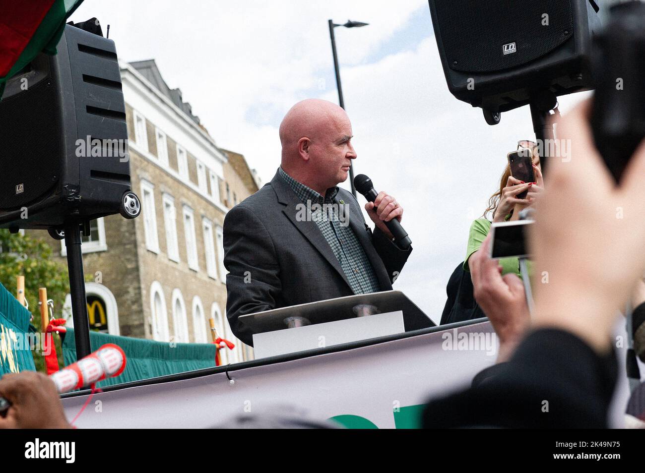 General secretary of the RMT union, Mick Lynch, is seen addressing the ...
