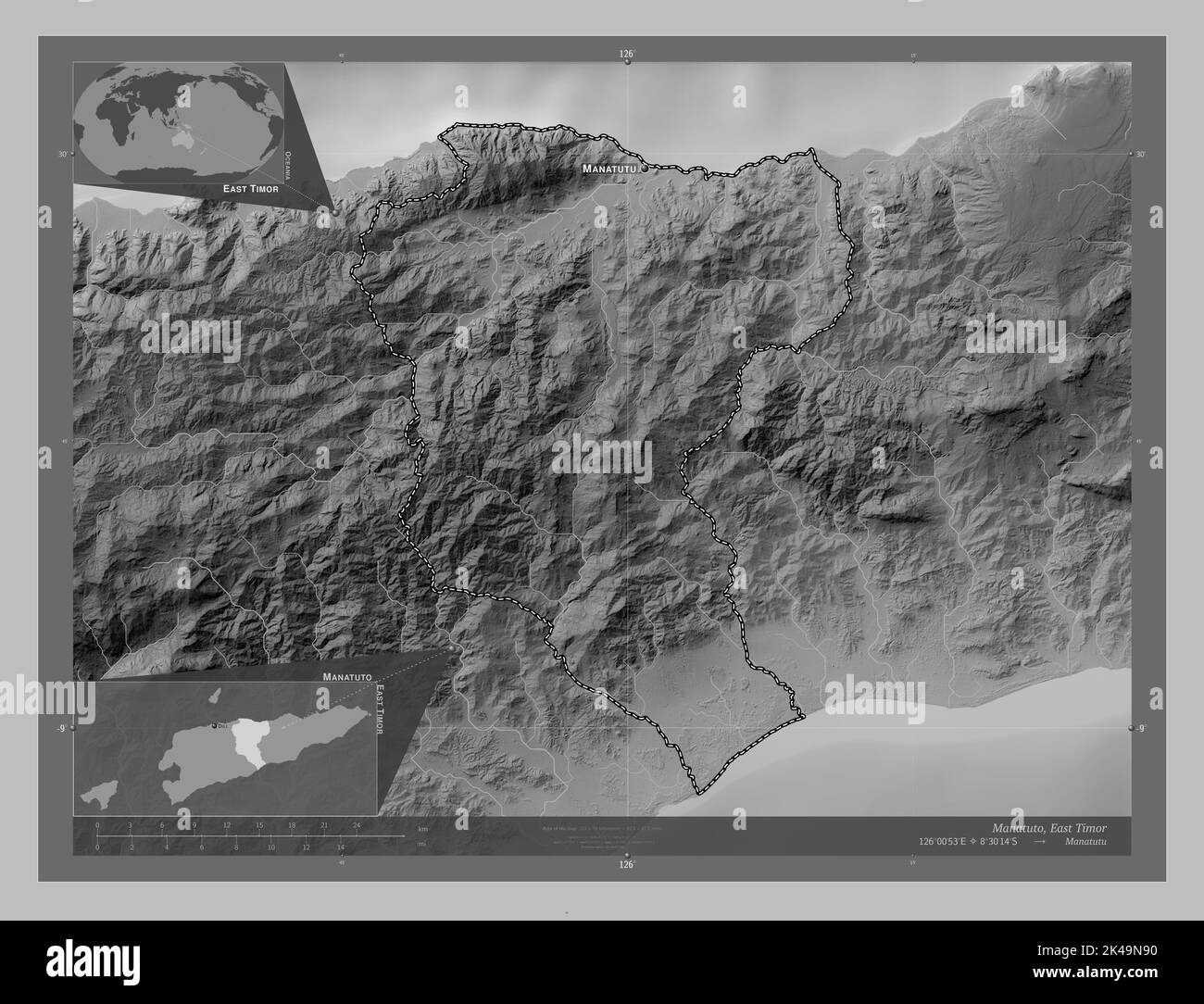 Manatuto, municipality of East Timor. Grayscale elevation map with ...