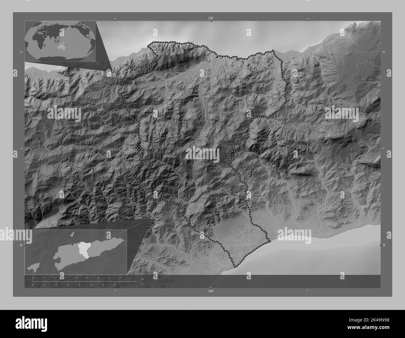 Manatuto, municipality of East Timor. Grayscale elevation map with ...